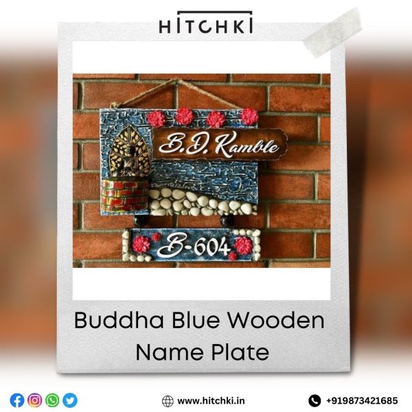 Buddha Blue Wooden Nameplate – Spiritual Elegance for Home