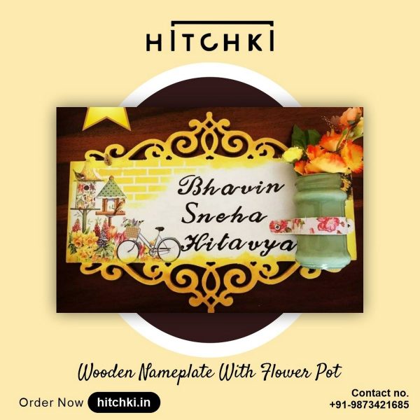 Colourful Infused Wooden Nameplate With Flower Pot | HITCHKI