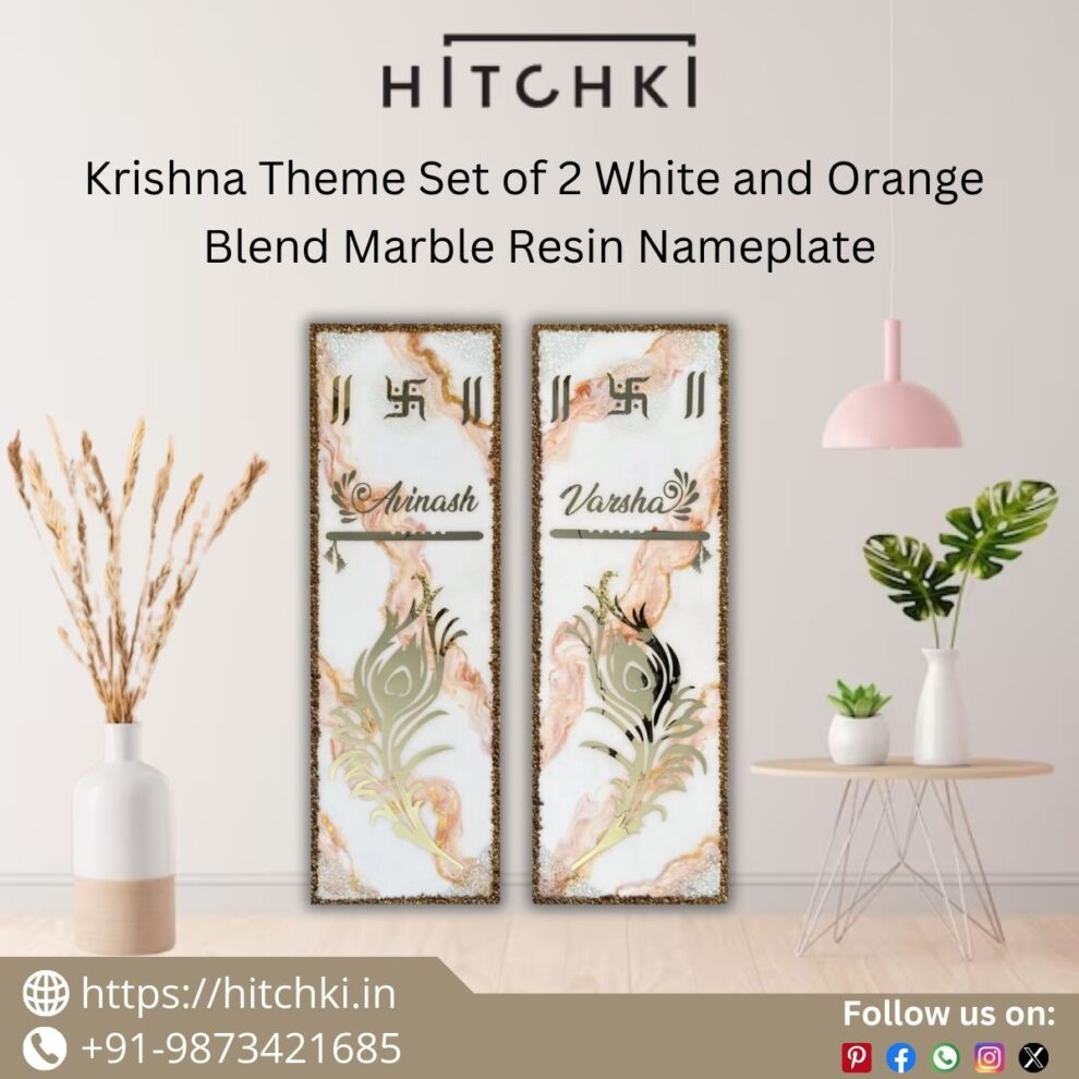 Krishna Theme Marble Resin Nameplate | Divine Elegance