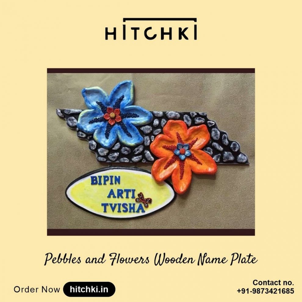 Wooden Nameplate With Flower And Pebbles Design | HITCHKI
