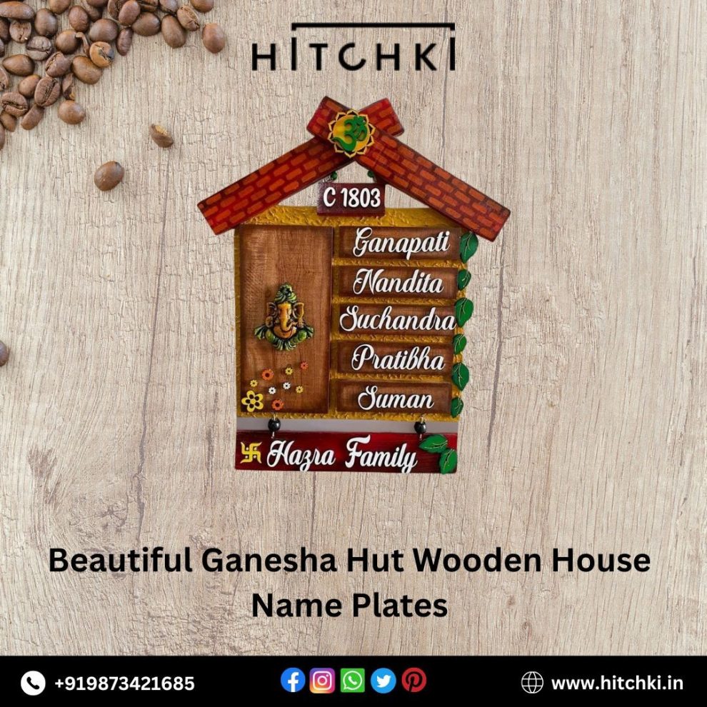 Wooden House Name Plate | Beautiful Ganesha Hut