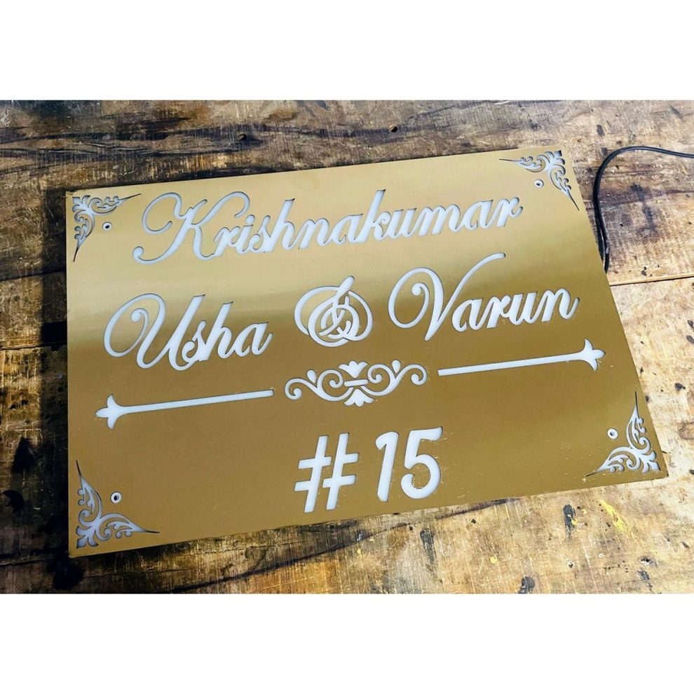 LED House Name Plate | Golden Matt Stainless Steel 304 Grade