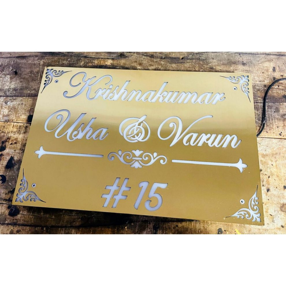 LED House Name Plate | Golden Matt Stainless Steel 304 Grade