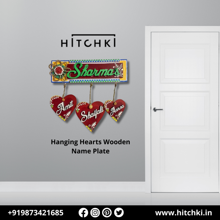 Hanging Hearts Wooden Name Plate – Symbol of Family