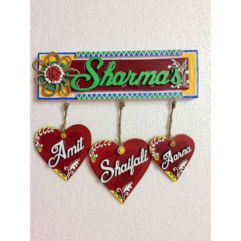 Hanging Hearts Wooden Name Plate – Symbol of Family