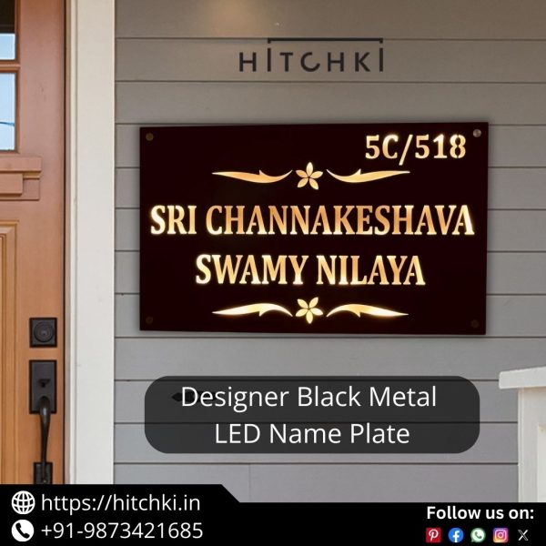 Designer Black Metal LED Name Plate | Illuminating Elegance