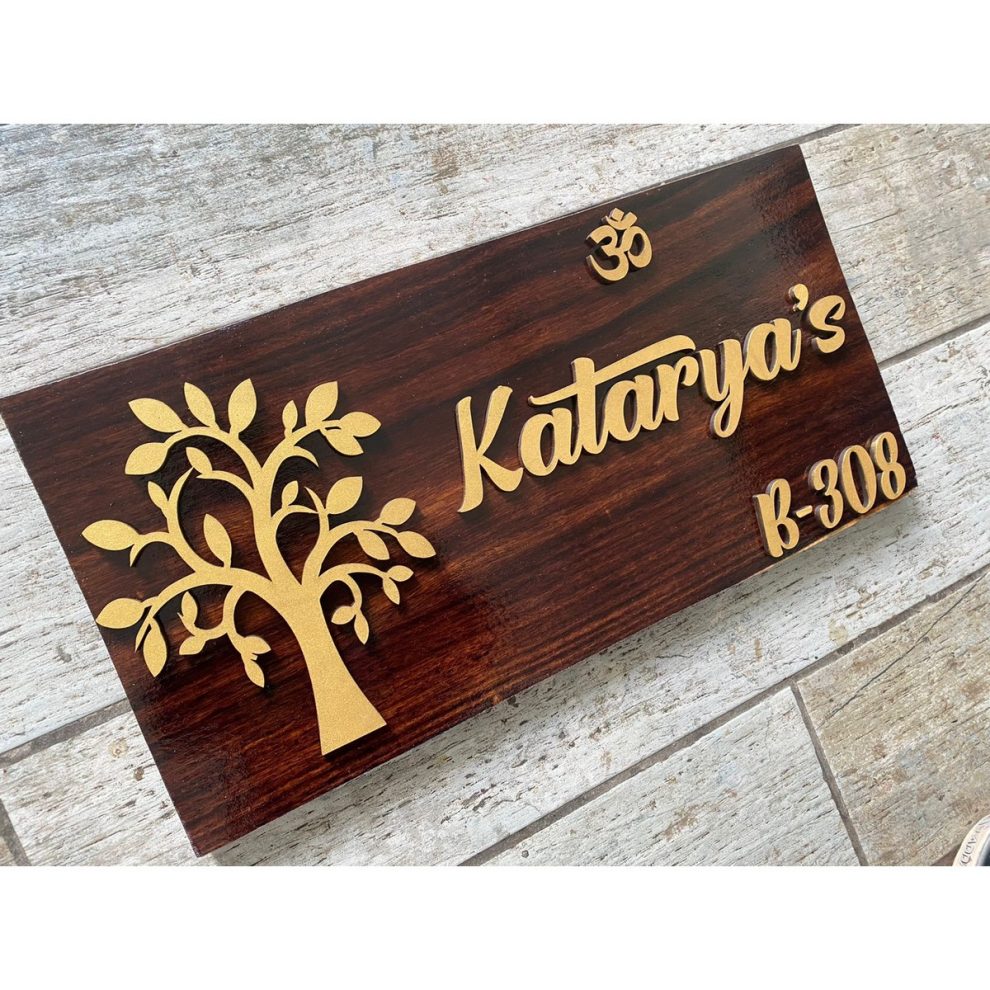 Kalpavriksh Sheesham wood Nameplate | Antique Golden Color