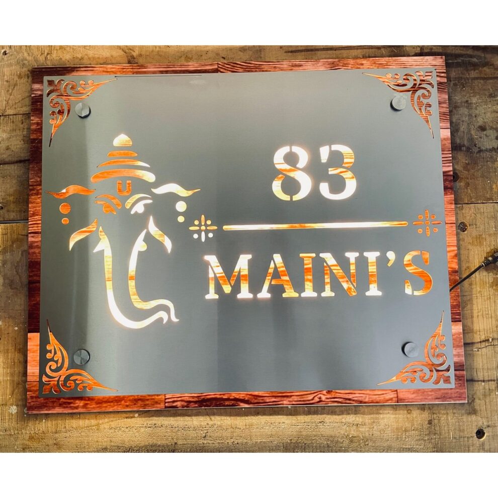 Metal SS 304 LED Waterproof Name Plate - with wood texture