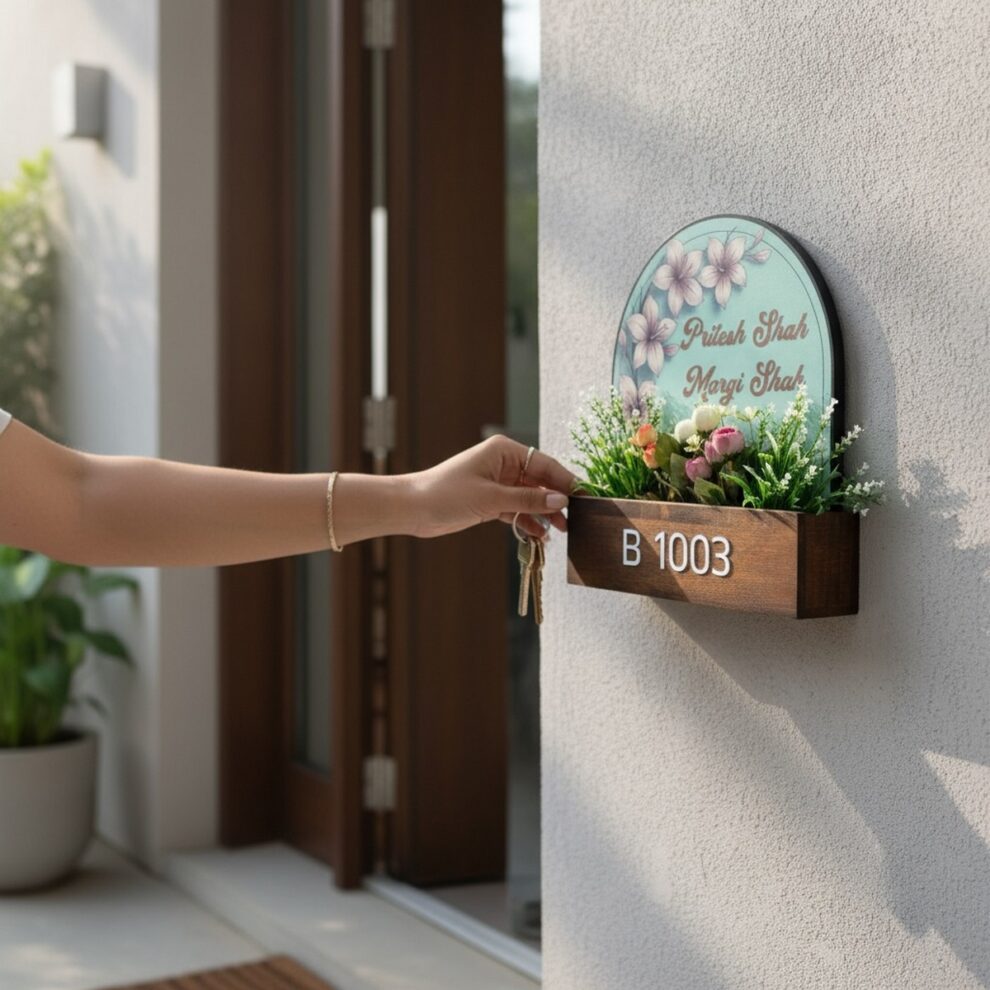 Designer Floral Planter Nameplate for Home Entrance – Shah