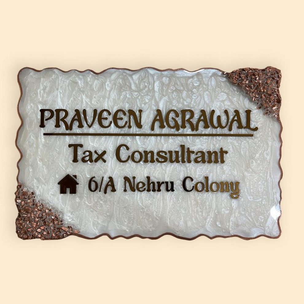 Pearl White Resin Nameplate —Classy, Swirled & Bold