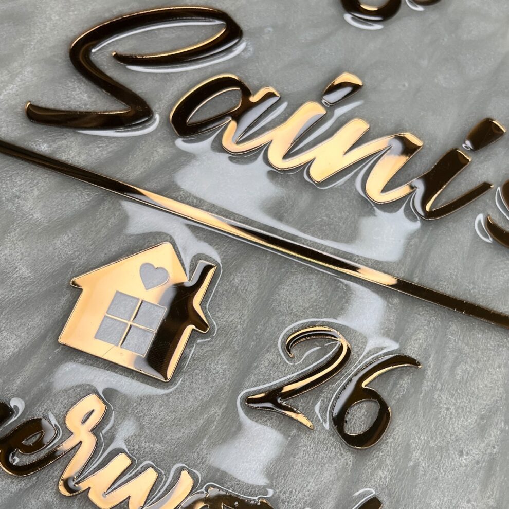 Rose Gold Resin Nameplate | Pearl White Swirl Design