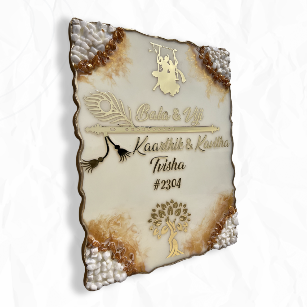 Krishna Theme Off White Resin Coated Nameplate Customized