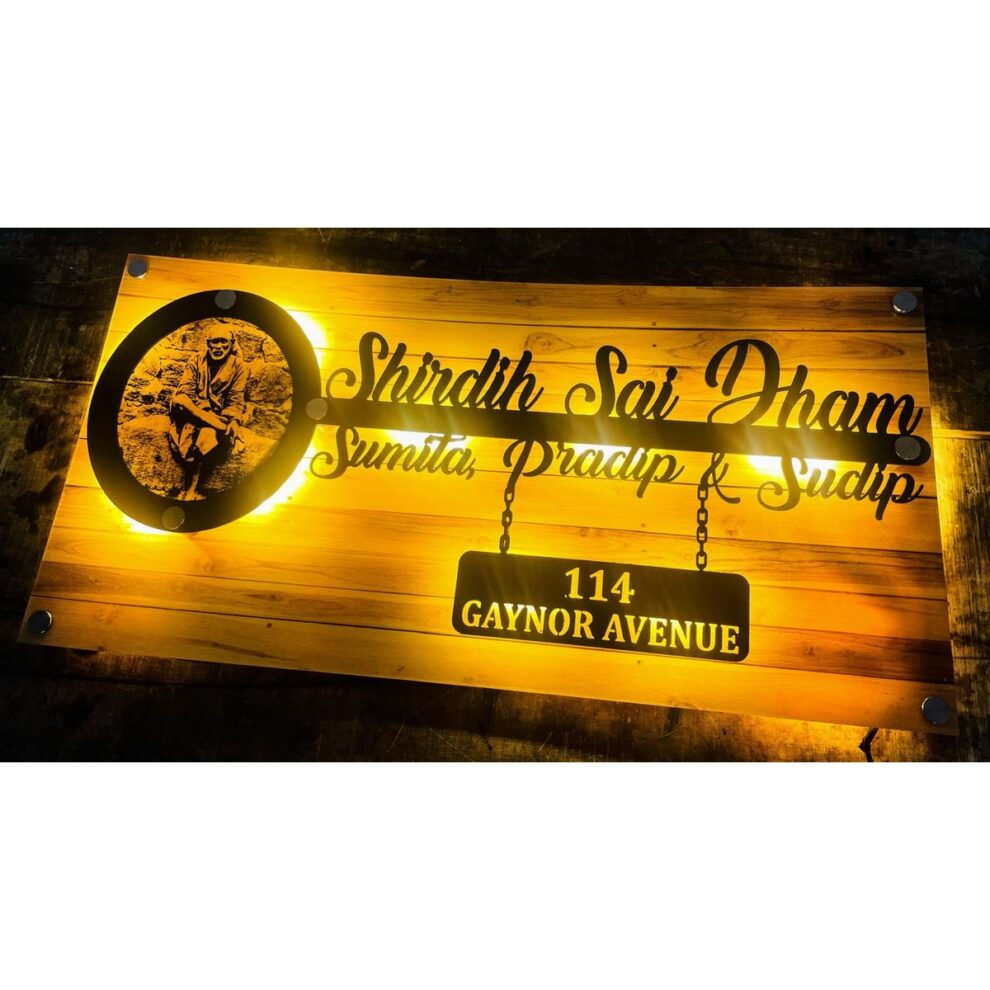 Metal LED Name Plate With Wooden Texture Acrylic