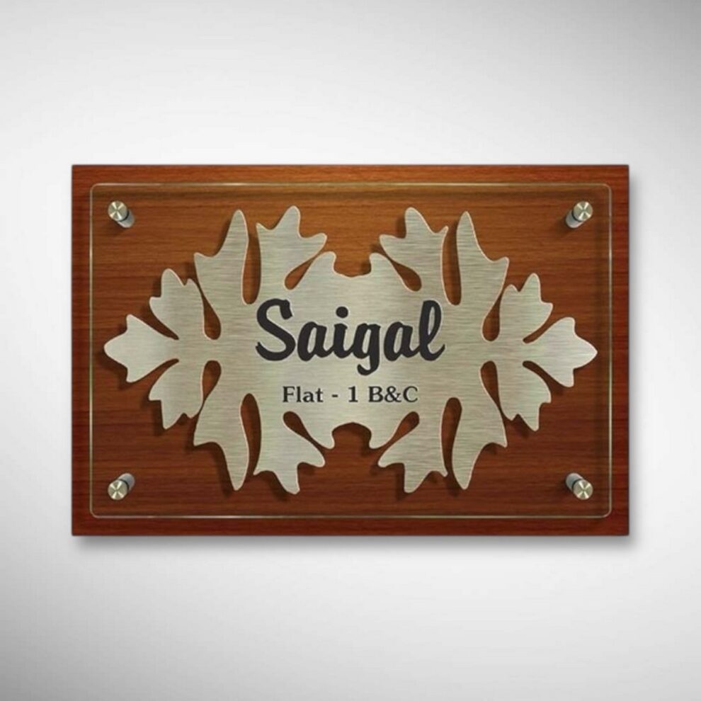 Stylish Leaf Theme Stainless Steel Nameplate for Aggarwal’s