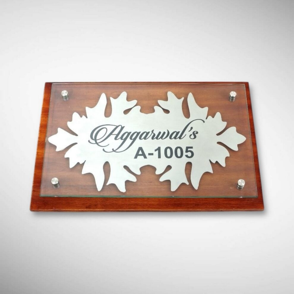 Stylish Leaf Theme Stainless Steel Nameplate for Aggarwal’s