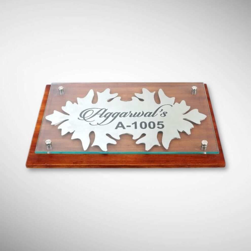 Stylish Leaf Theme Stainless Steel Nameplate for Aggarwal’s