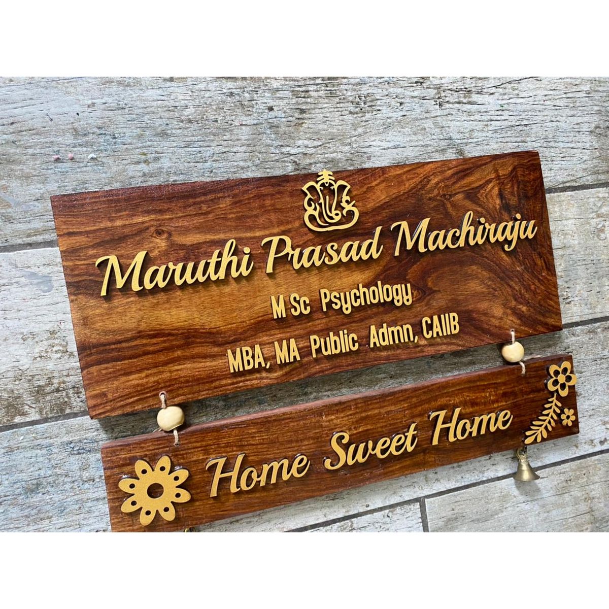 Two Tier Sheesham Wood Nameplate With Laser Cut Names Two Tier Sheesham Wood Nameplate With Laser Cut Names