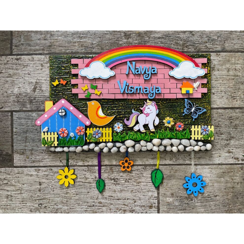 Unicorn And Rainbow Theme Kids Nameplate Customized