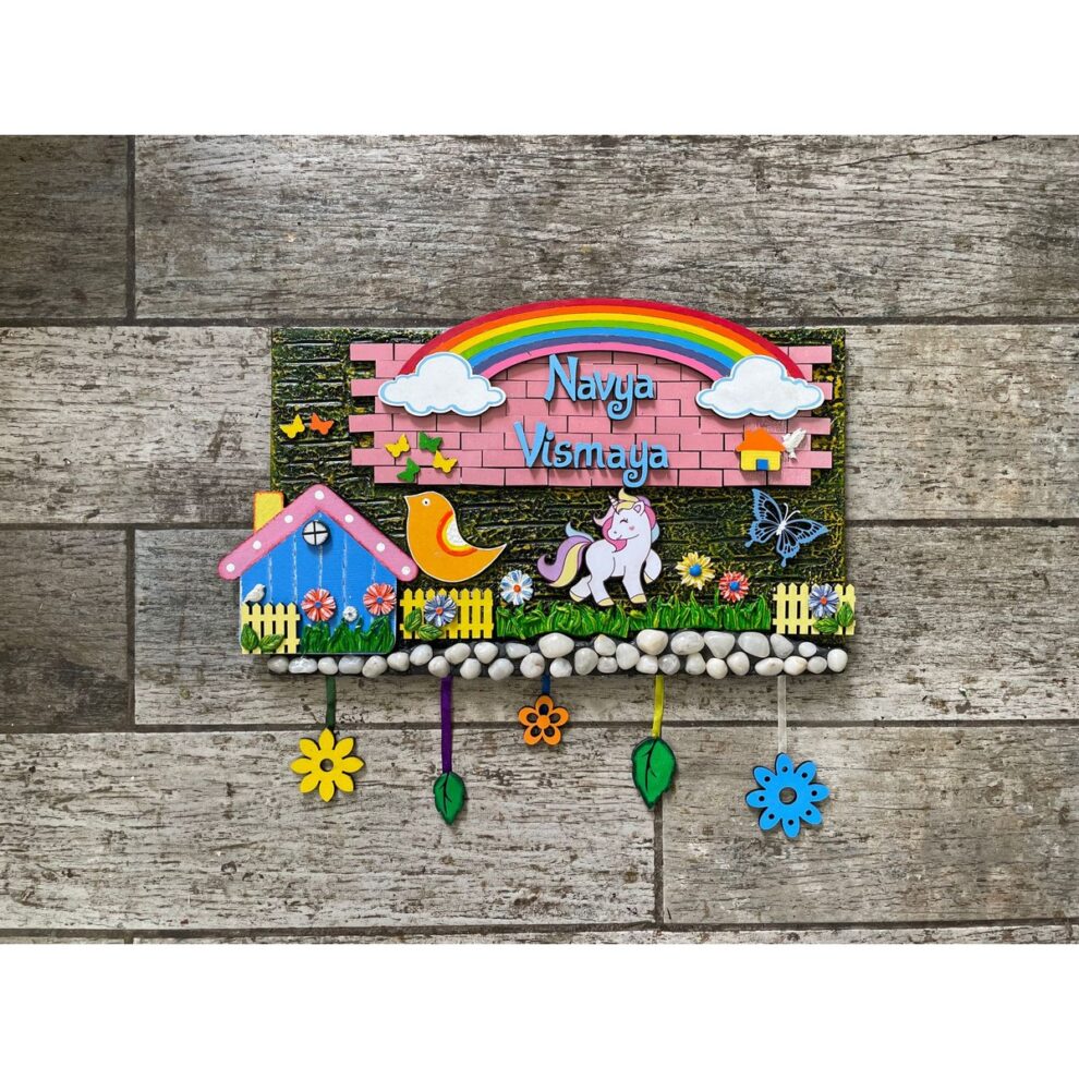 Unicorn And Rainbow Theme Kids Nameplate Customized