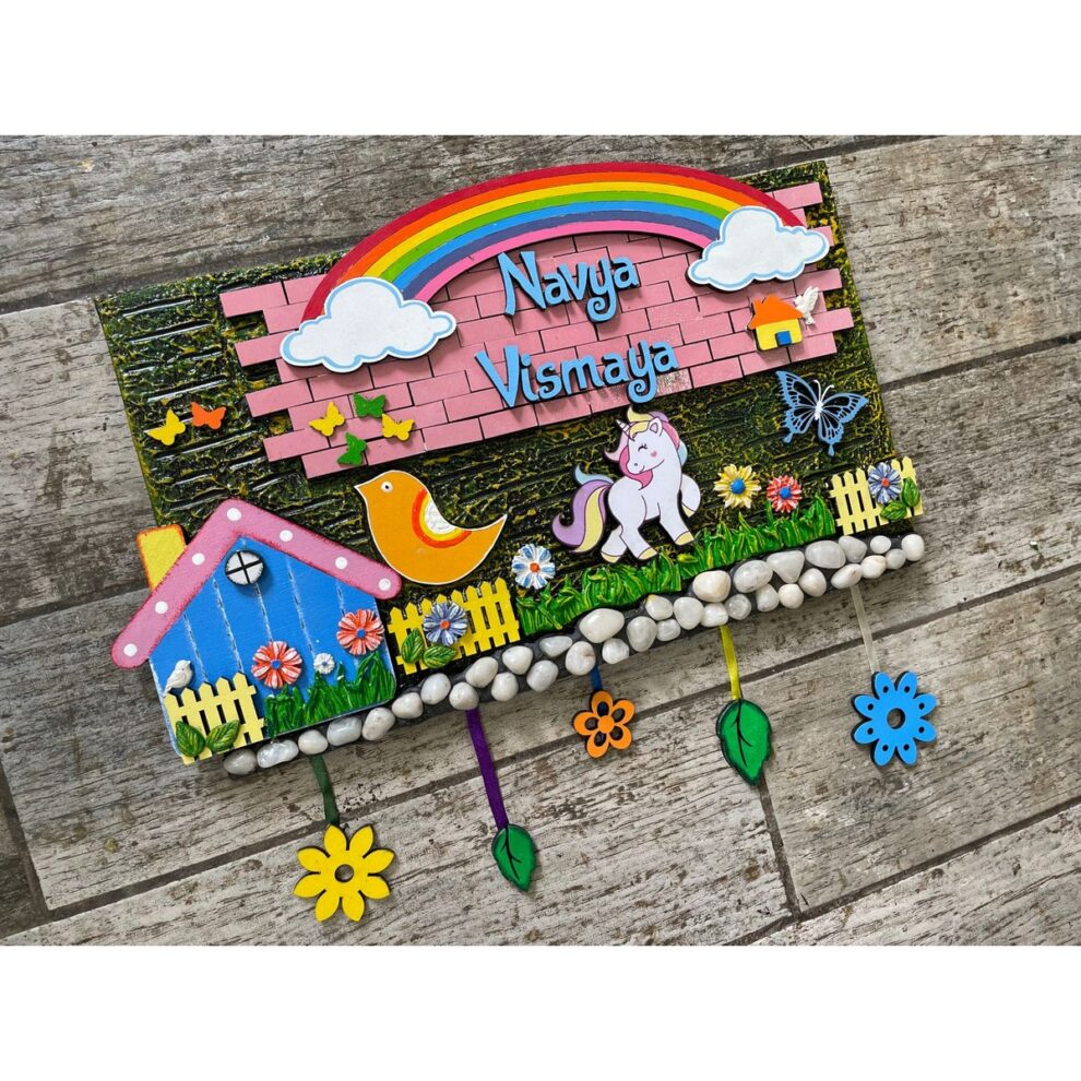 Unicorn And Rainbow Theme Kids Nameplate Customized