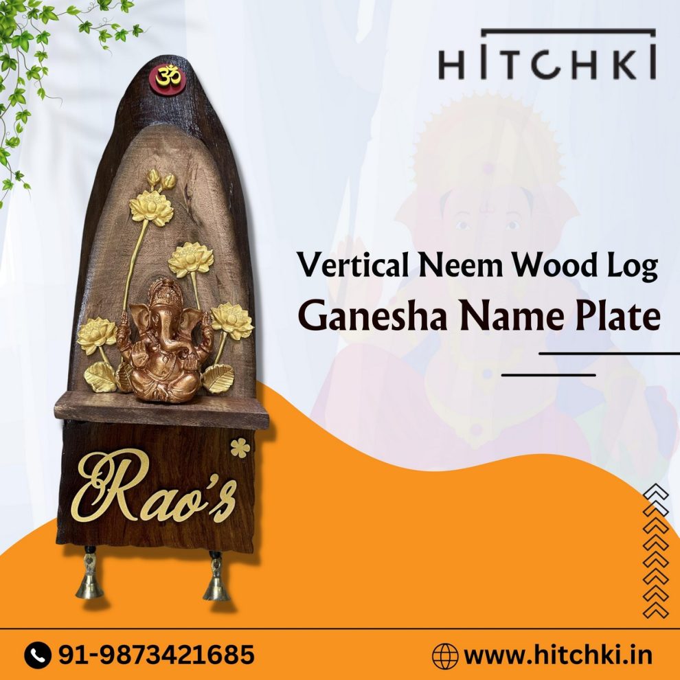 Unique Neem Wood Vertical Ganesha Nameplate | Neem Wood Log