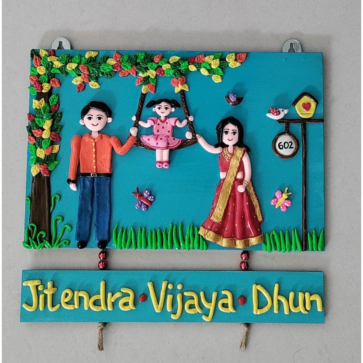 Claywork Figure Houseplate Colourful Family Themed Nameplate