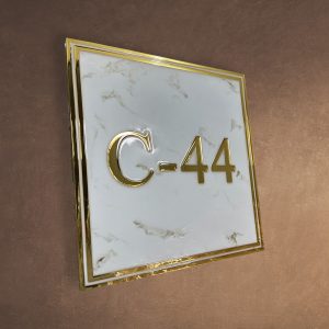 Resin Coated House Numberplate | White & GoldenTextured
