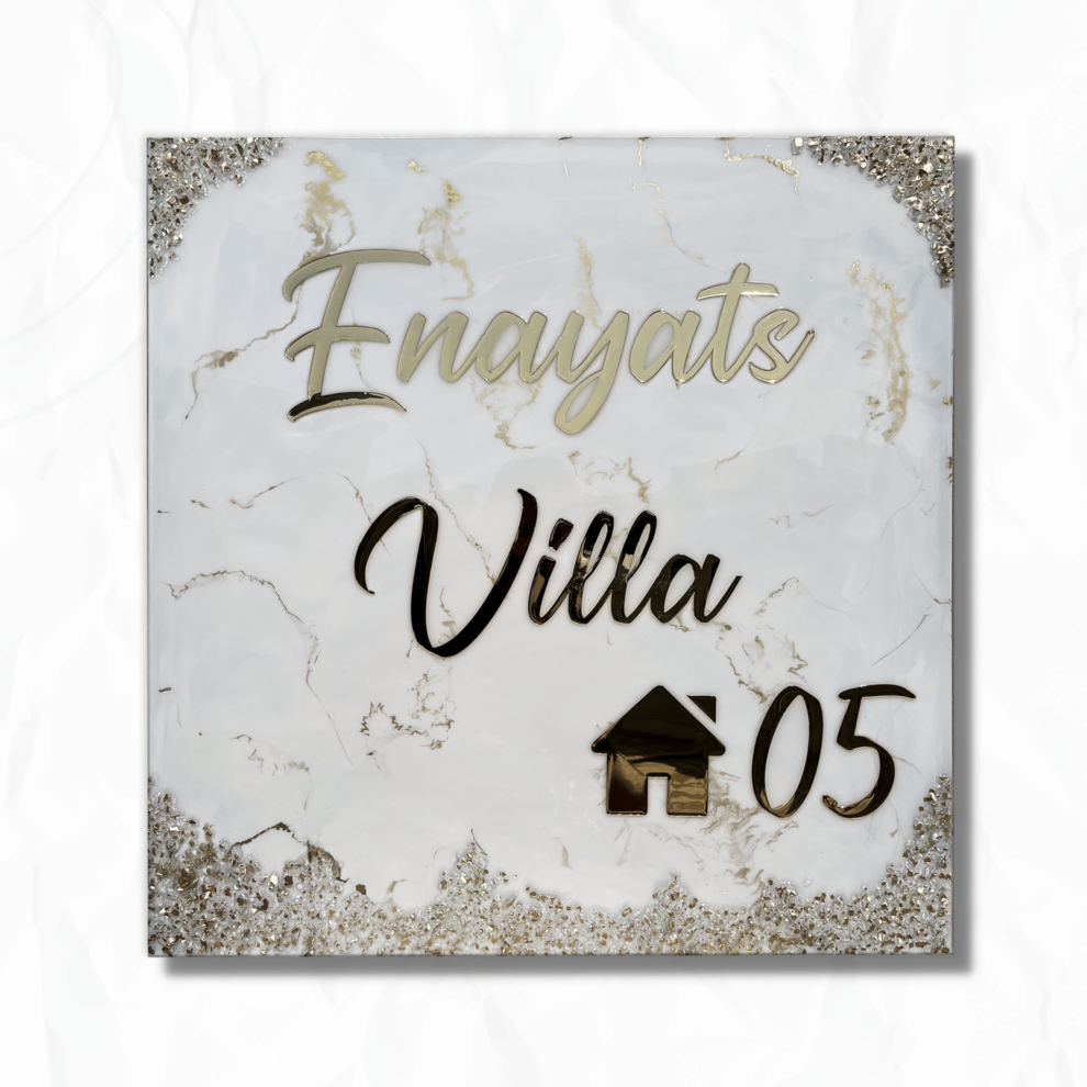 White and Golden Resin Coated Nameplate | Customized