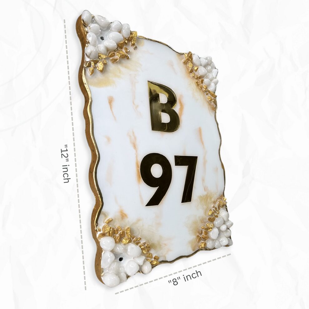 Pebbles Resin Nameplate | White and Orange Themed