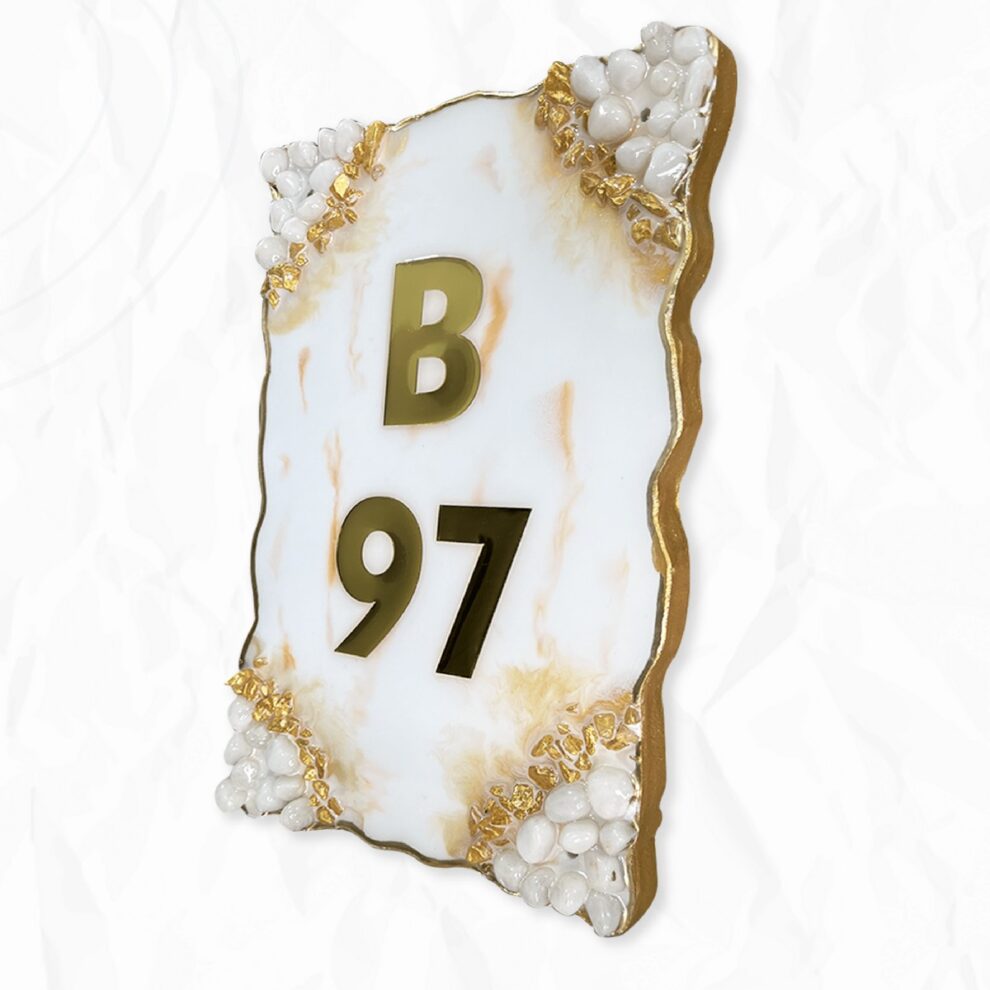 Pebbles Resin Nameplate | White and Orange Themed