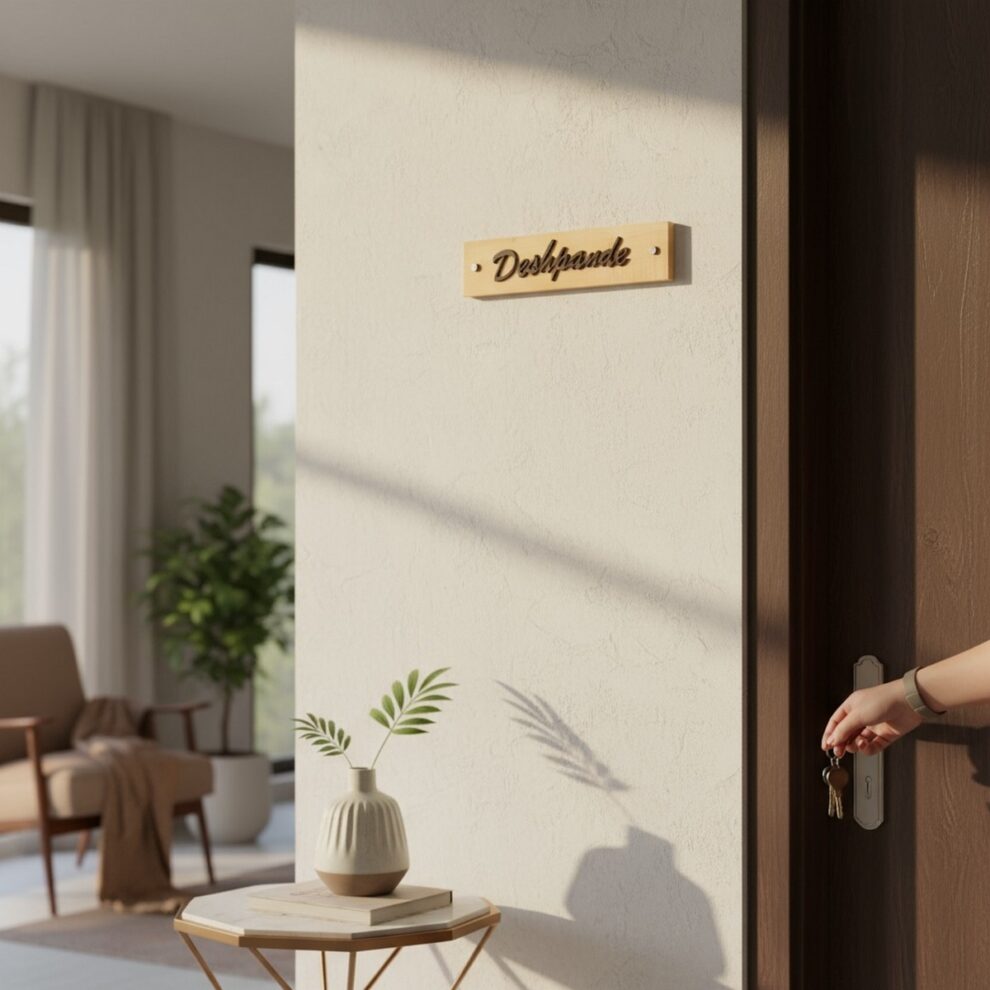 Designer Deshpande Wooden Name Plate with Natural Wood
