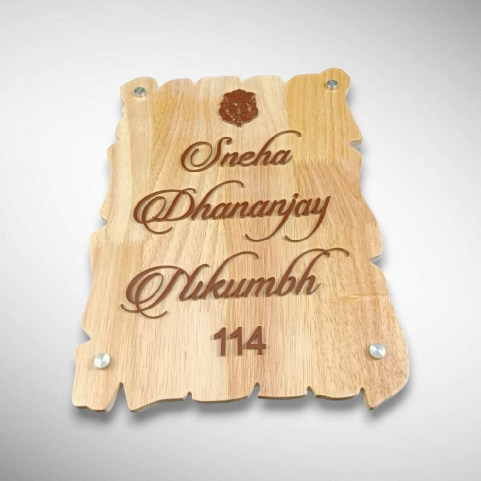 Handcrafted Wooden Stylish Nameplate for Home – Nikhumbh